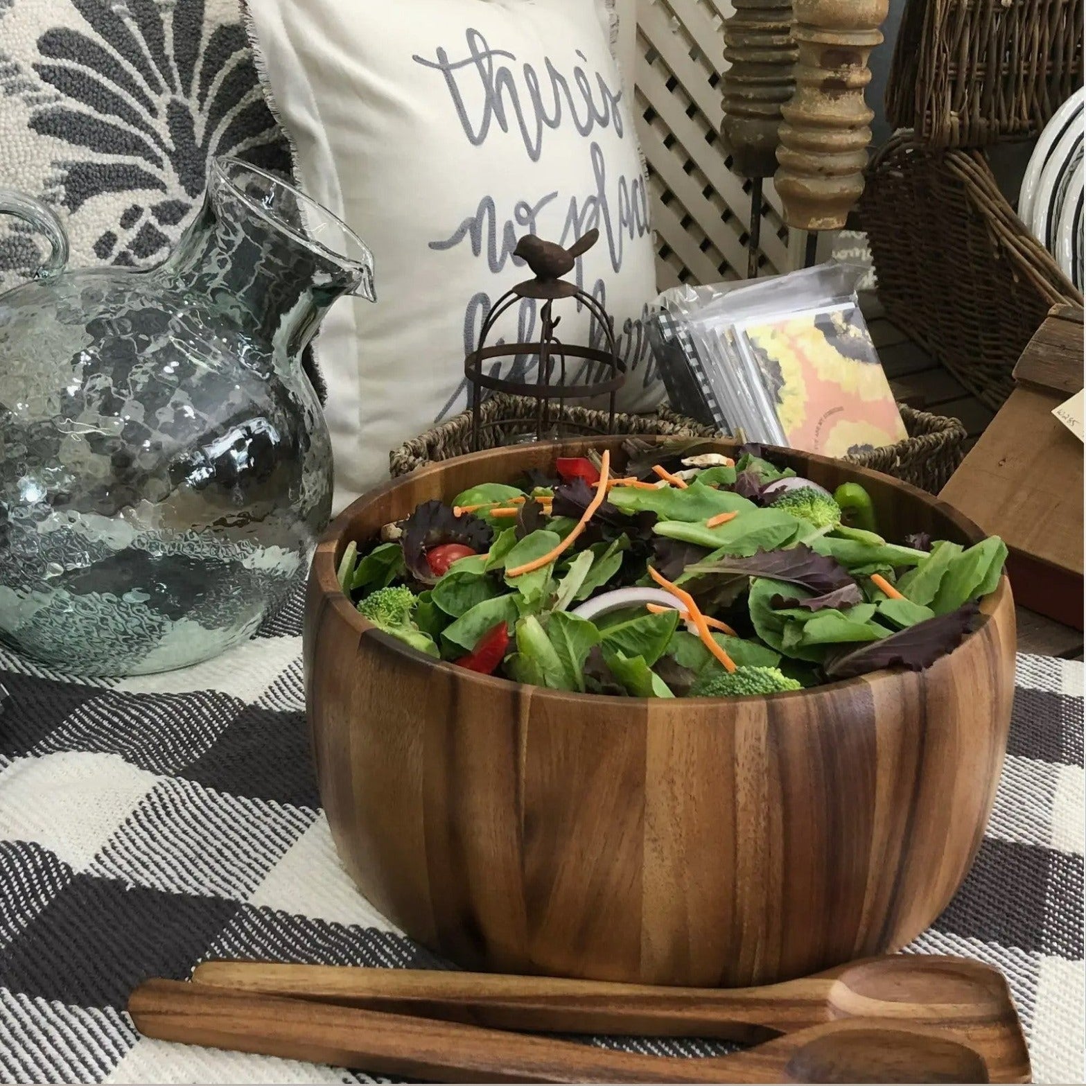 Acacia Wood, Extra Large 12" Wooden Salad Bowl with Servers – Au Bon ...