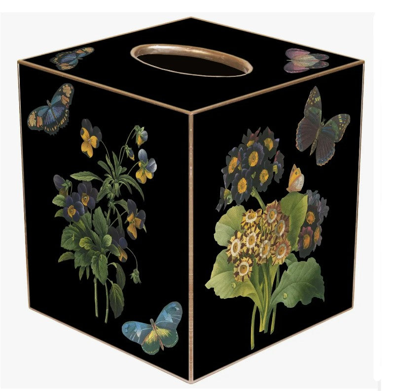 Marye-Kelley, Pansies & Primrose on Black Tissue Box Cover – Au Bon ...