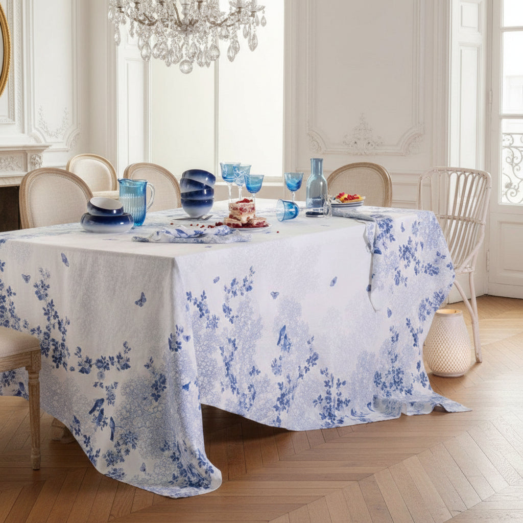 Garnier-Thiebaut, Volière, Bleu (Aviary) French Pre-Washed Linen Table ...